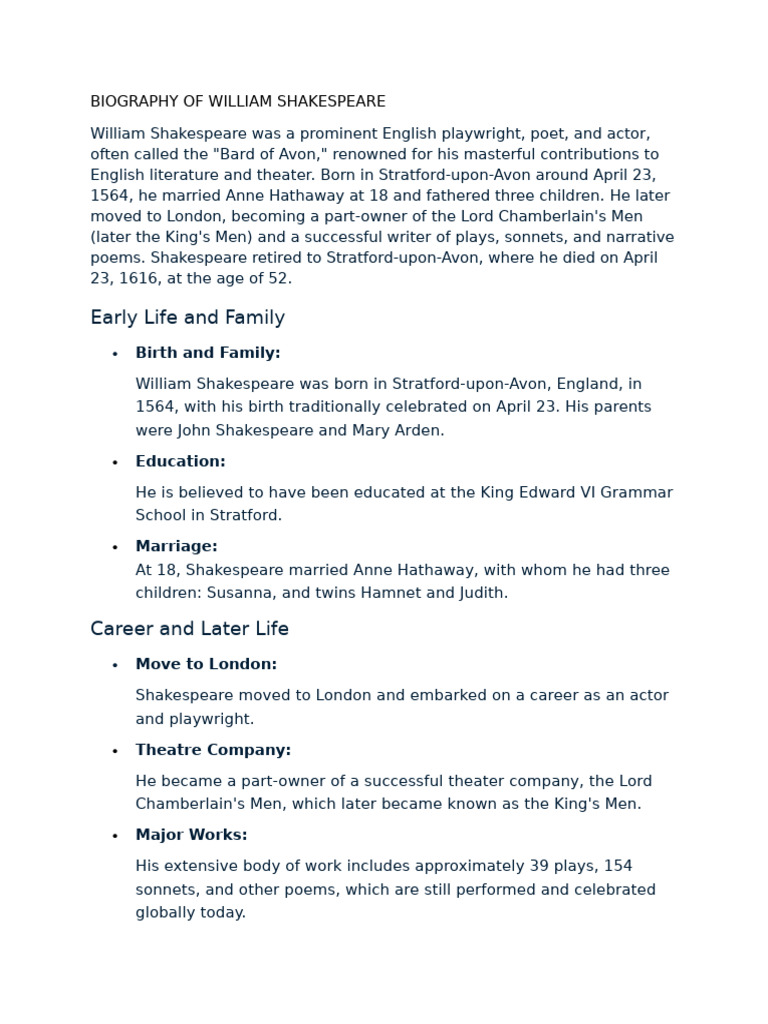 Biography of William Shakespeare | PDF