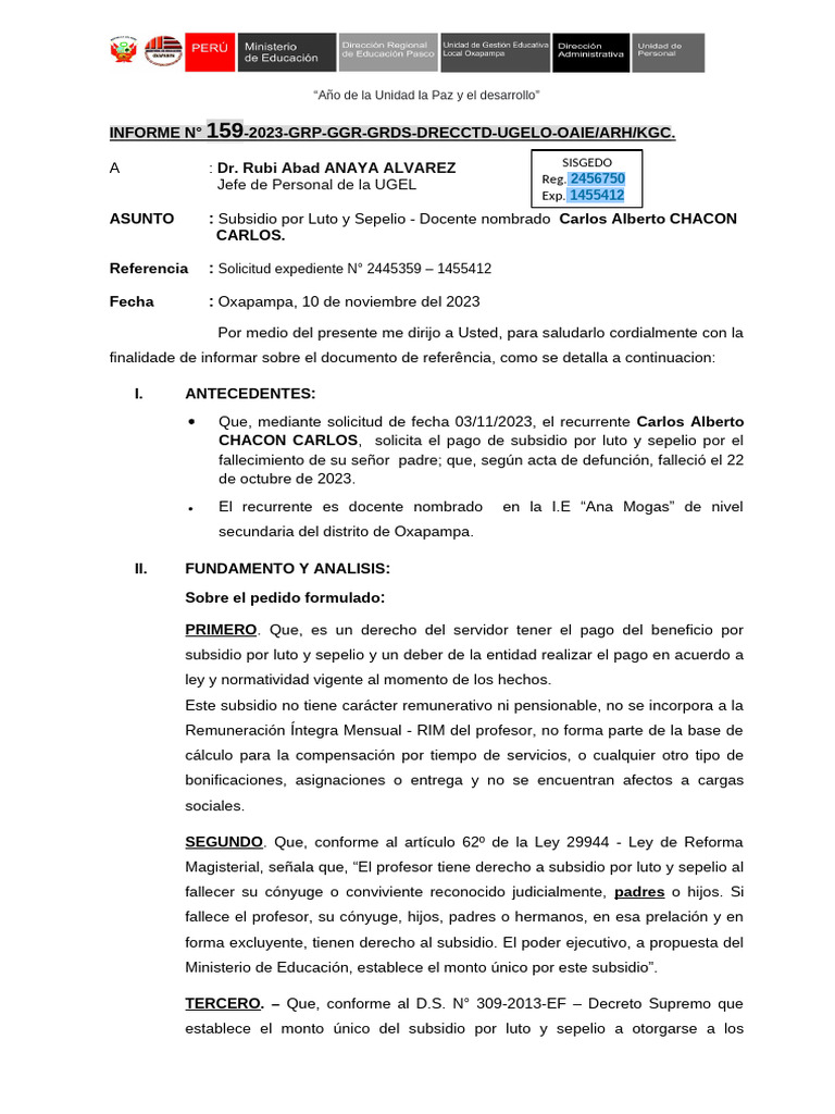 INFORME N°159-2023 SUBSIDIO POR LUTO Y SEPELIO DE CHACON CARLOS carlos ...