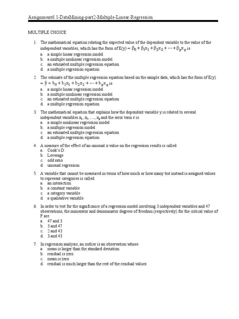 Assignment61 Datamining Part2 Multiple Linear Regression Pdf Regression Analysis Errors 0961