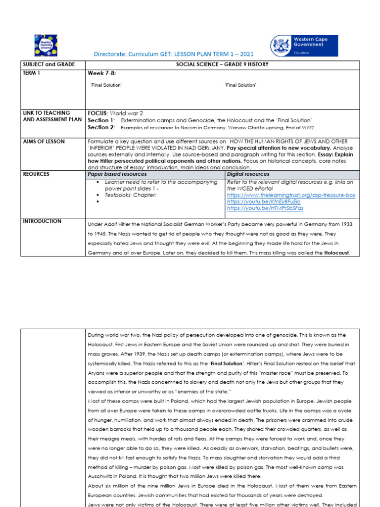 Lesson Plan SP Grade 9 SS History T1 W7&8-1 | PDF | The Holocaust ...