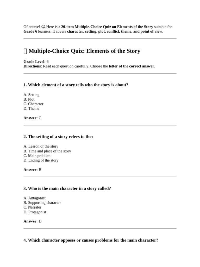 Elements of A Story Quiz Multiple Choice | PDF | Plot (Narrative ...