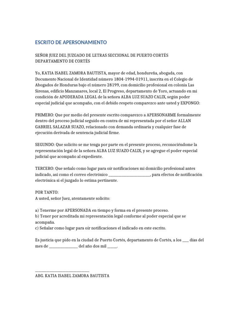 Escrito de Apersonamiento Alba Luz Suazo Calix | PDF