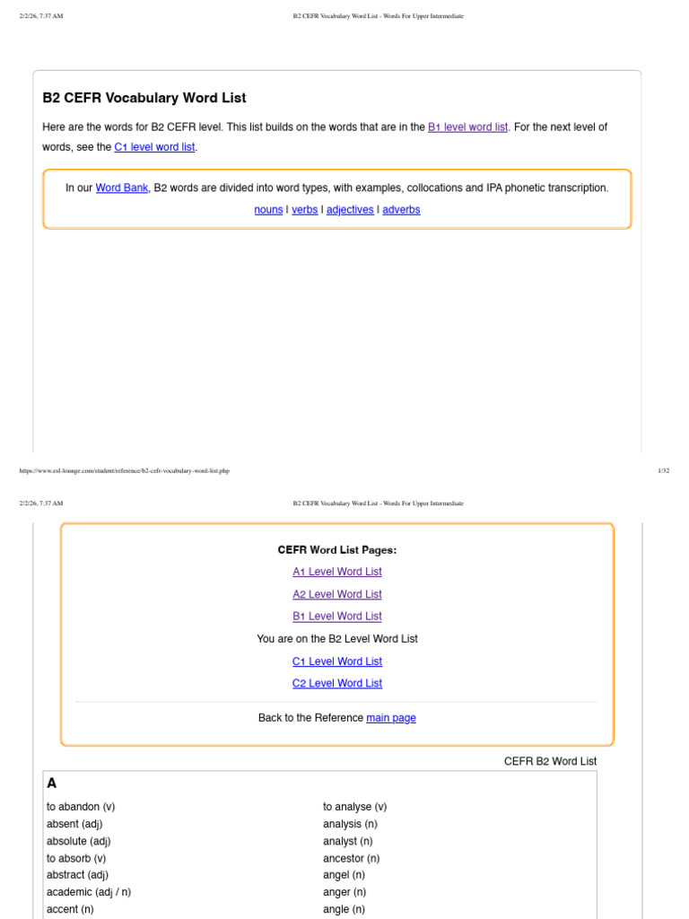 B2 CEFR Vocabulary Word List - Words For Upper Intermediate | PDF | Word