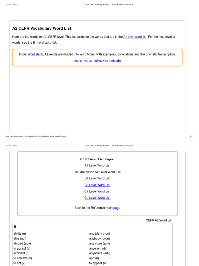 A2 CEFR Vocabulary Word List - Words For Pre-Intermediate | PDF ...