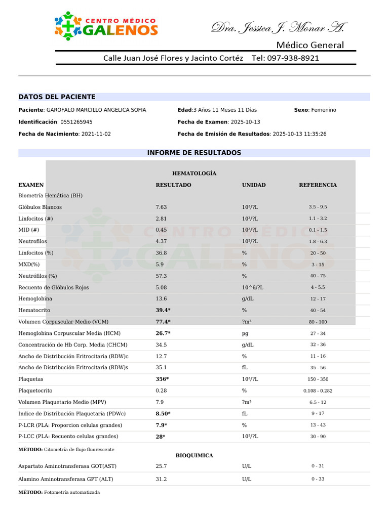Garofalo Marcillo Angelica Sofia | PDF | Pruebas medicas | Biología Celular