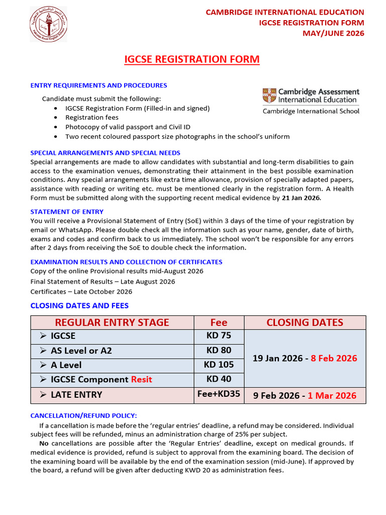 Igcse Reg Form June 2026 Pees | PDF