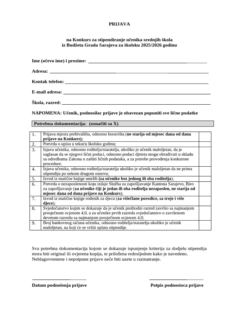 Prijava Na Konkurs Stipendije 2026 | PDF