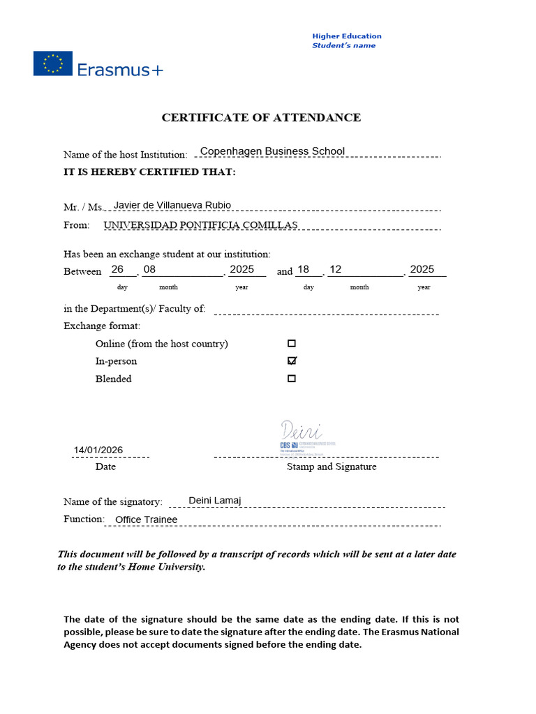 Certificate of Attendance ERASMUS (4) | PDF