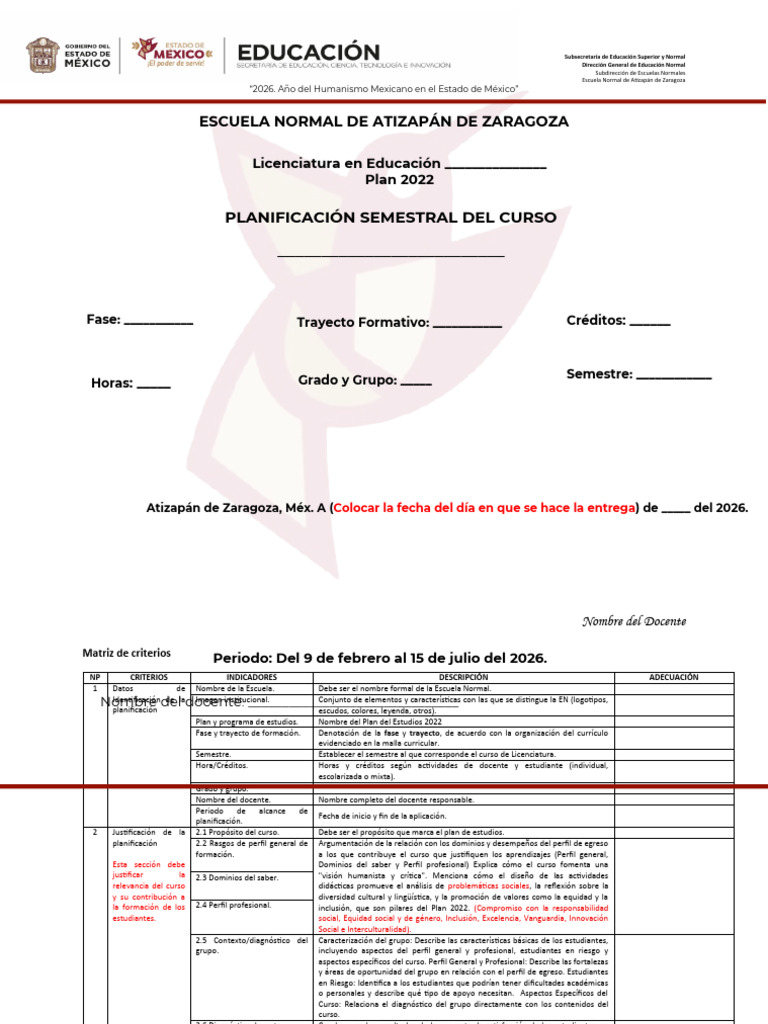 Formato de Planificacion Segundo Semestre 2025-2026 | PDF | Evaluación ...