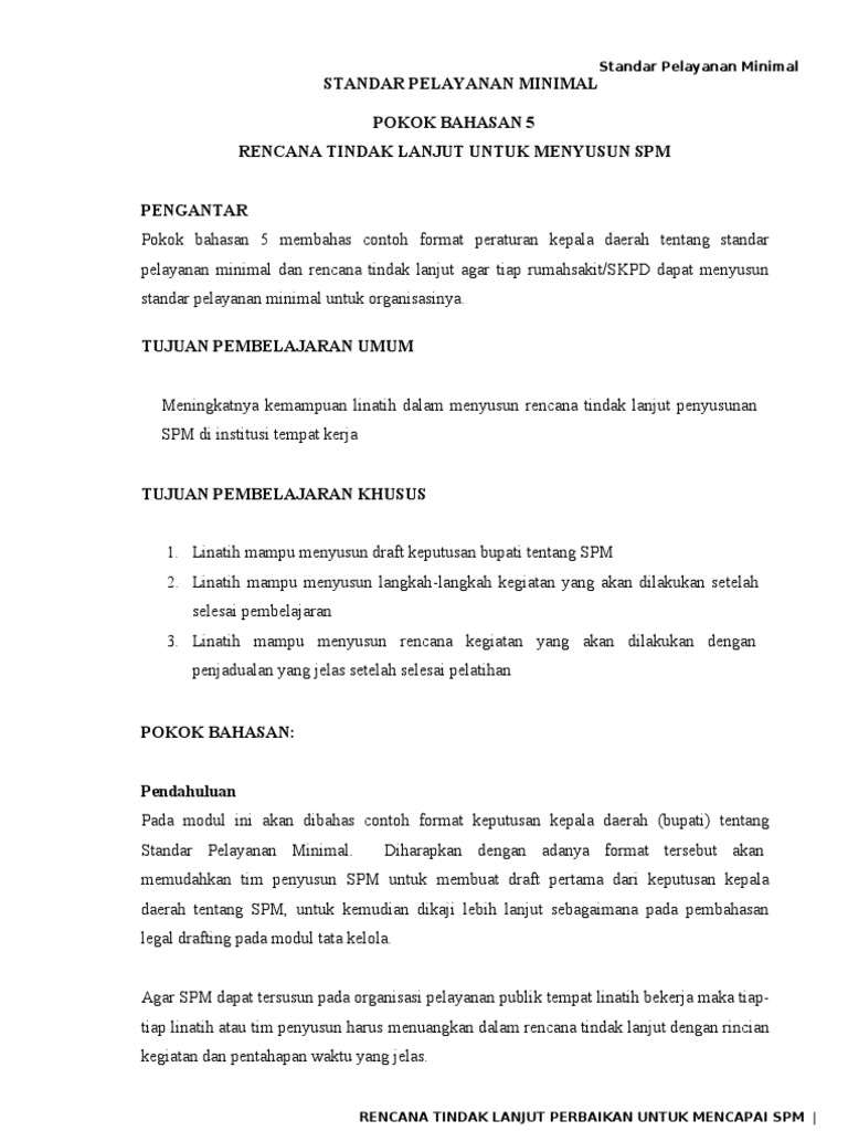 Rencana Tindak Lanjut Penyusunan Spm (Standar Pelayanan Minimal)