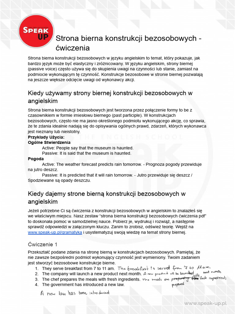 Cwiczenia Strona Bierna Konstrukcji Bezoosobowych | PDF