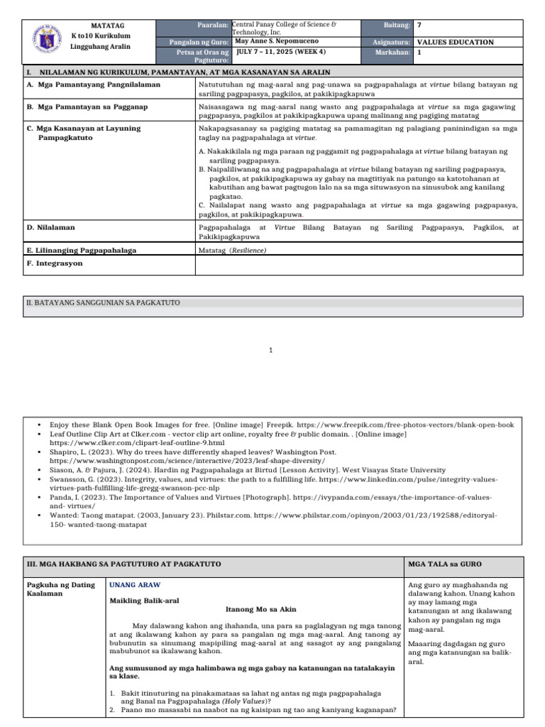 DLL Matatag - Values Education 7 q1 w4 | PDF