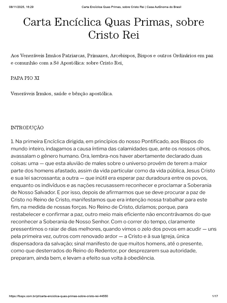 Carta Encíclica Quas Primas, Sobre Cristo Rei - Casa Autônoma Do Brasil ...