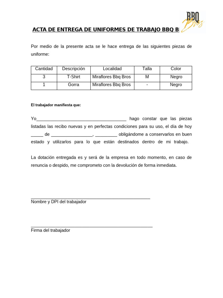 Acta De Entrega De Uniformes De Trabajo B Chiken Pdf