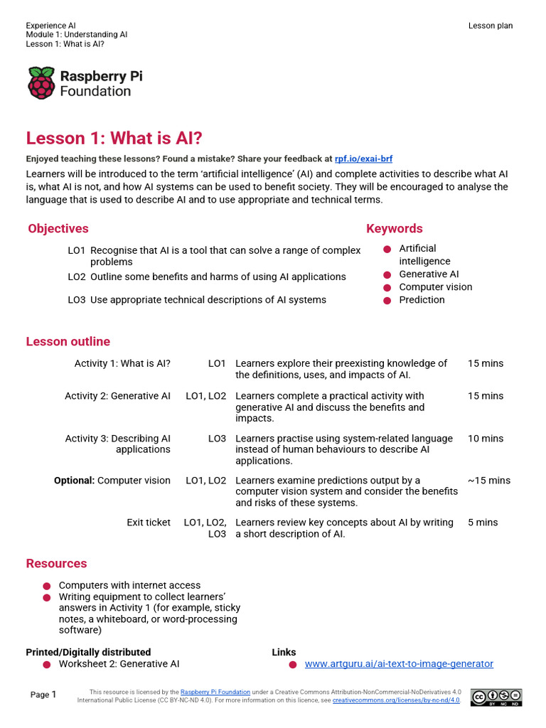 M1-L1-LP - en - Lesson Plan - What Is AI | PDF | Artificial ...