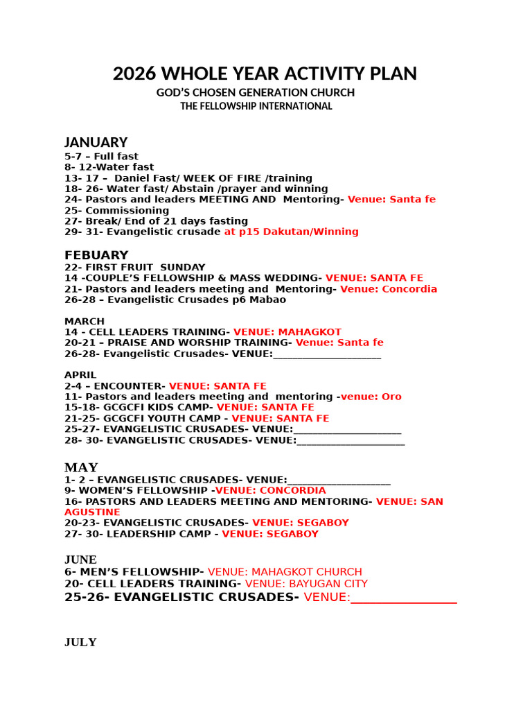 2026 Whole Year Activity Plan | PDF