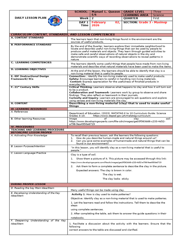 Science 3 q4 w2 d1 d5 DLP | PDF | Learning | Curriculum