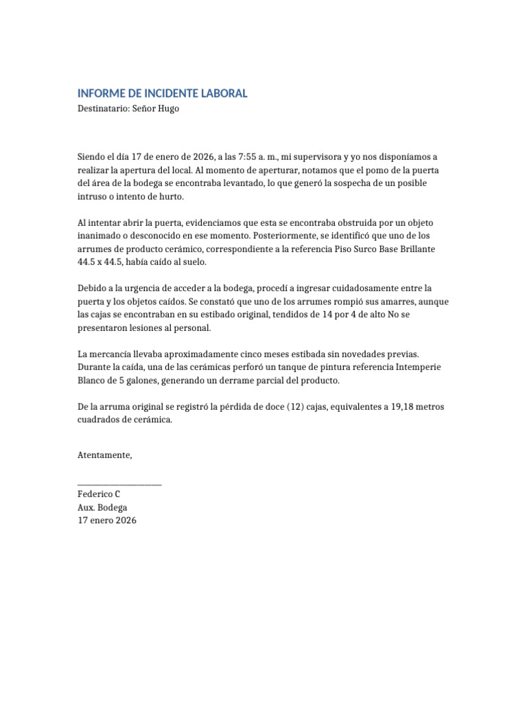 Informe Incidente Laboral | PDF