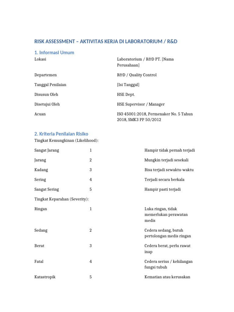 Risk Assessment Laboratorium RND PT Asia Chemical | PDF