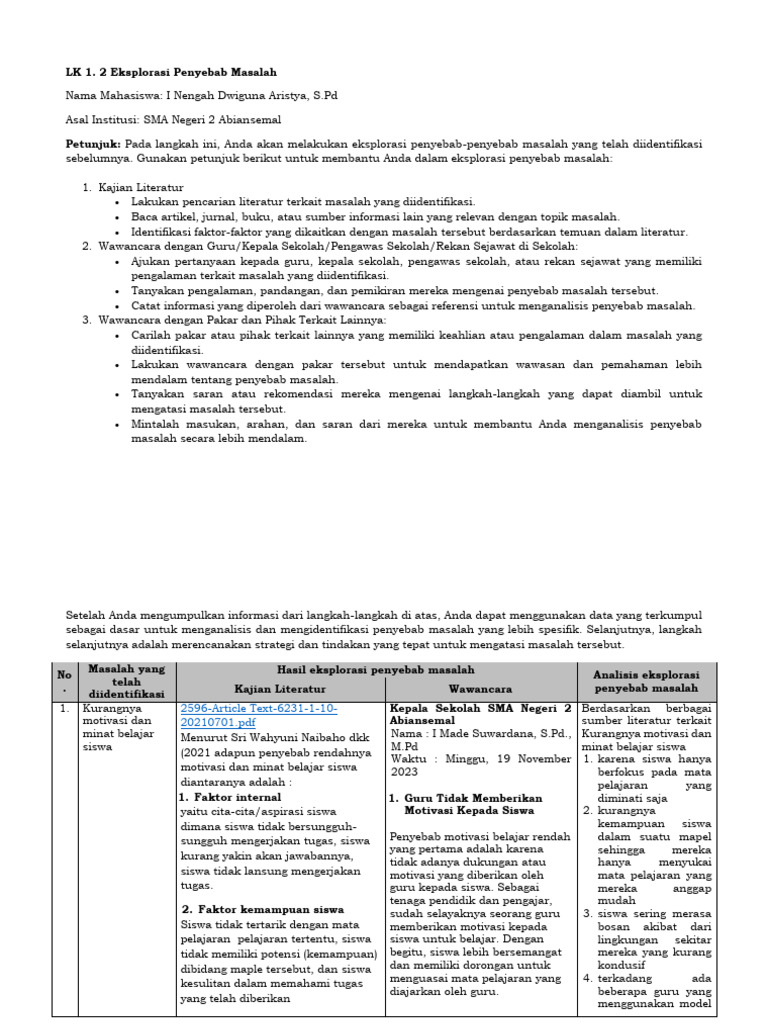 LK. 1.2 Eksplorasi Penyebab Masalah - Dwiguna | PDF