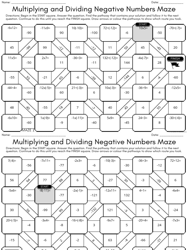 Multiplying and Dividing Negative Numbers Math Mazes A4 | PDF