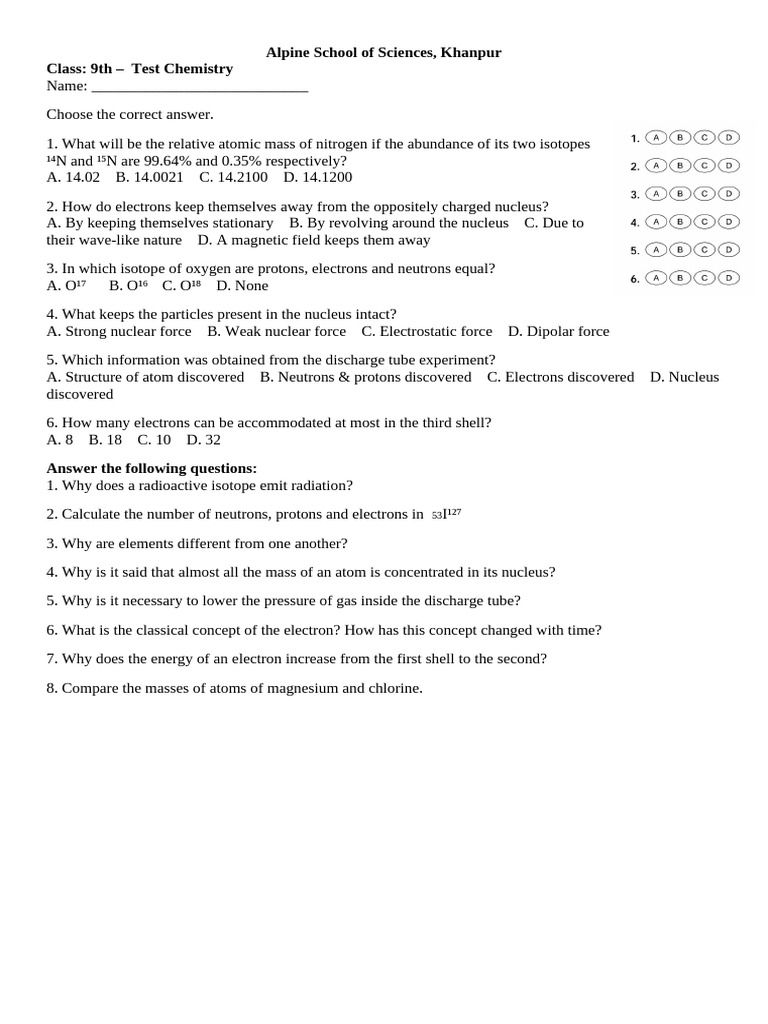 Chemistry Test With Bubble Sheet | PDF