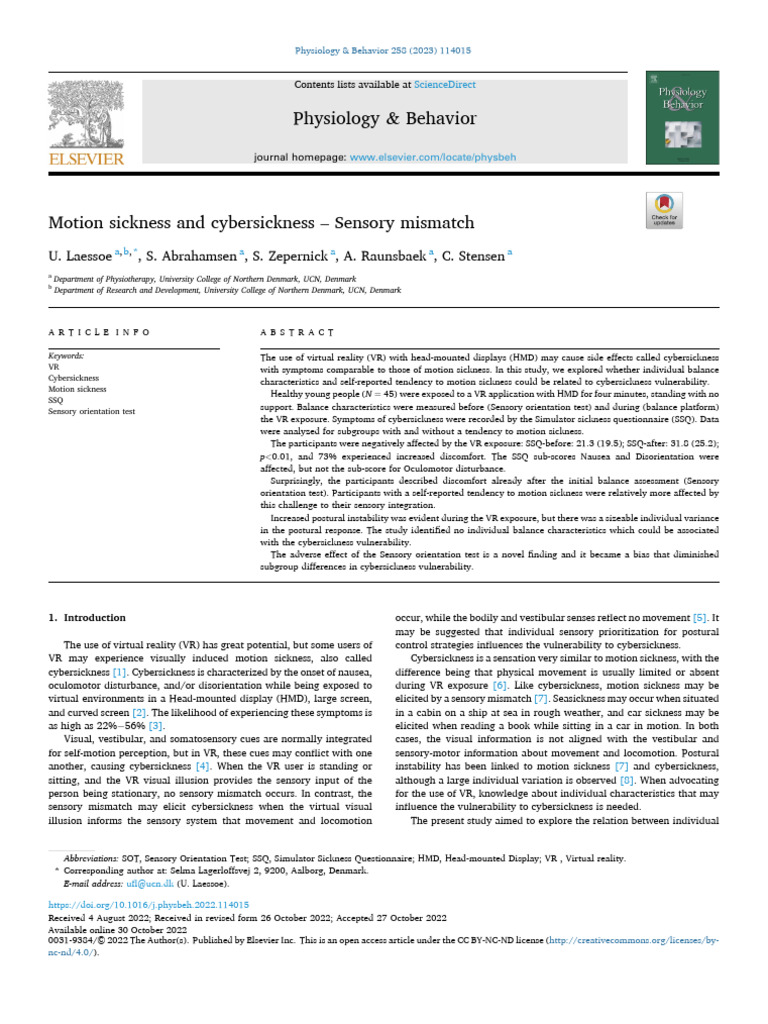 Motion Sickness and Cybersickness - Sensory Mismatch | PDF | Virtual ...