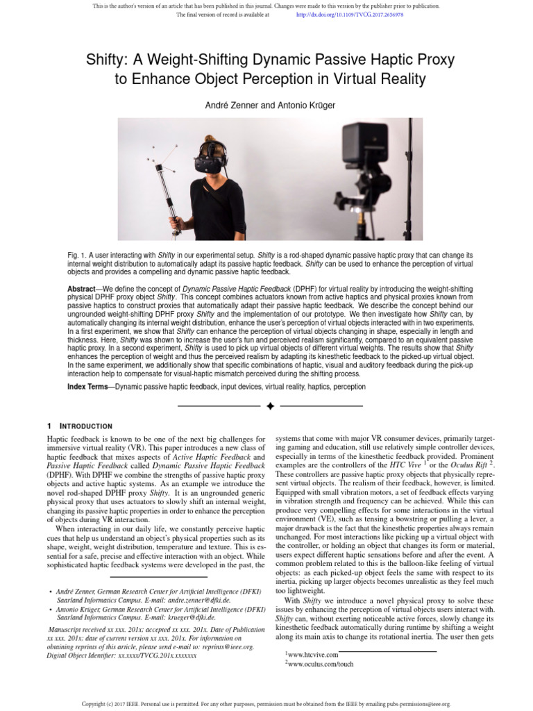 Shifty： a Weight-Shifting Dynamic Passive Haptic Proxy | PDF | Virtual ...