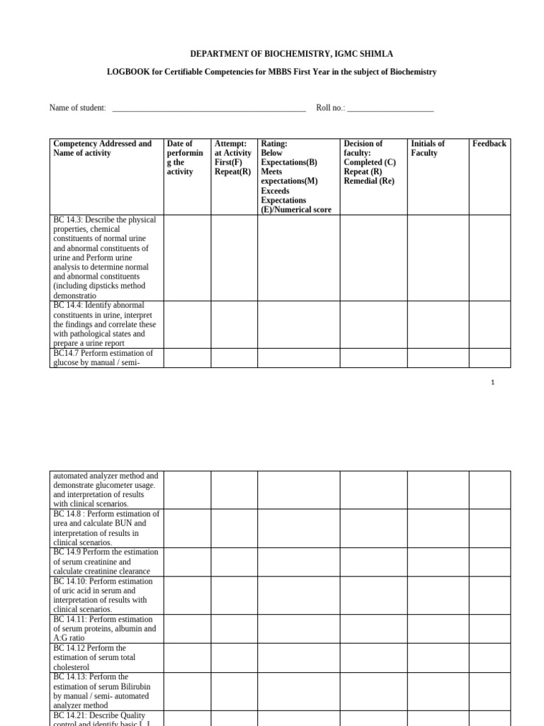 Logbook Format For MBBS Biochemistry | PDF | Urine | Blood Plasma