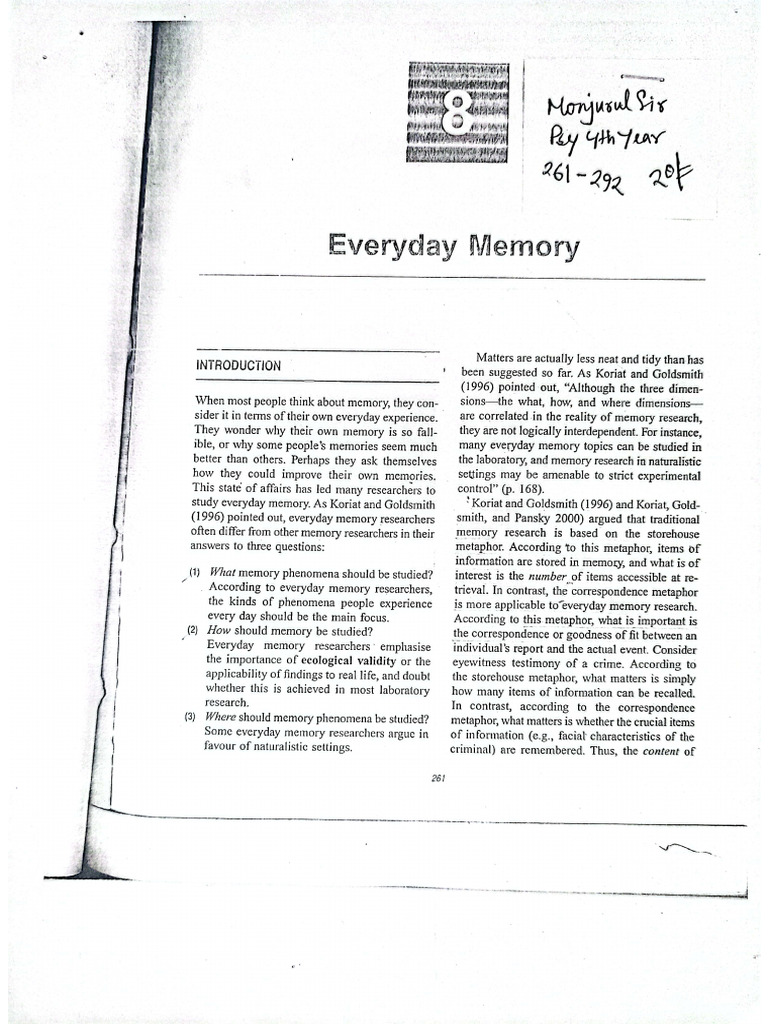 Everyday Memory Eyesenck | PDF