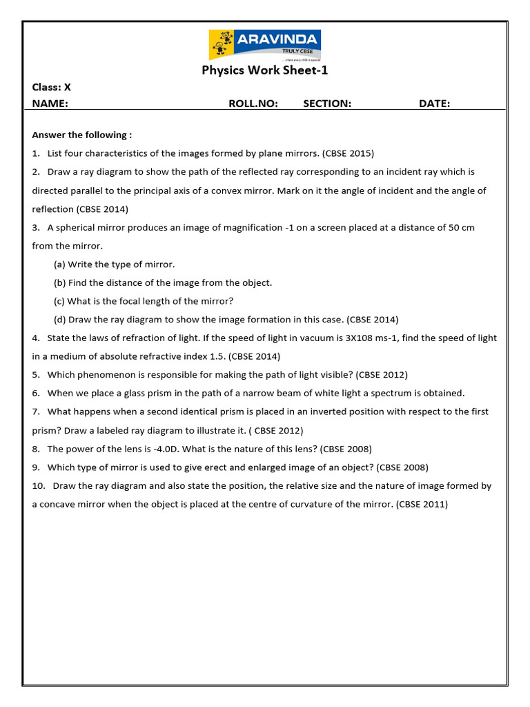 Class 10 Physics Work Sheet-1 | PDF