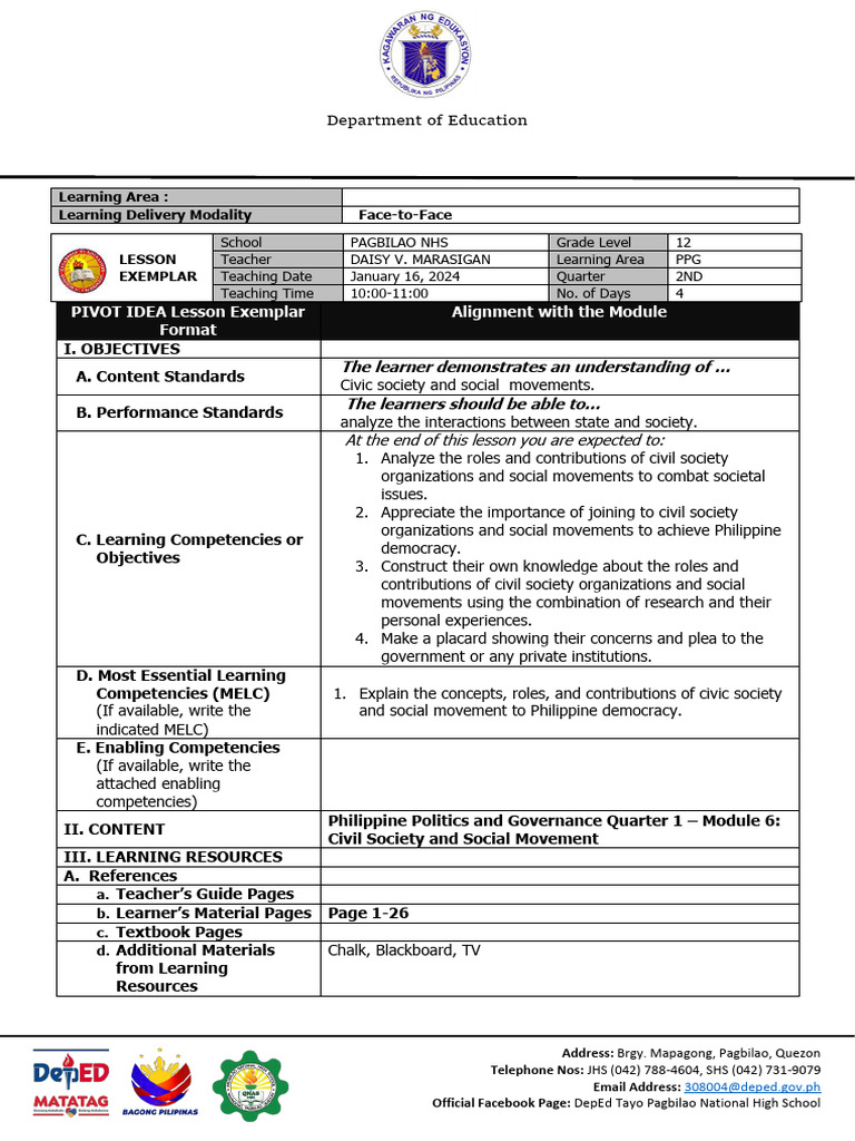Sample Lesson Plan Civic Society and Social Movement | PDF | Learning ...