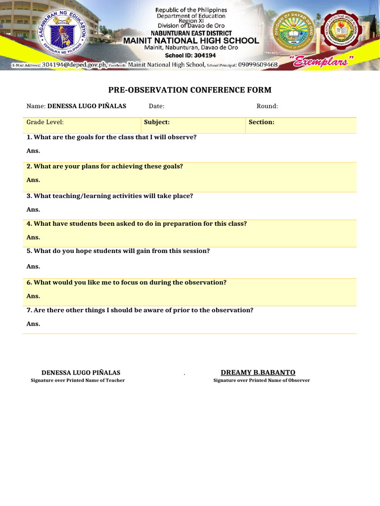 Pre Con Form Rating Sheet Observation Notes 1 | PDF | Teachers | Learning
