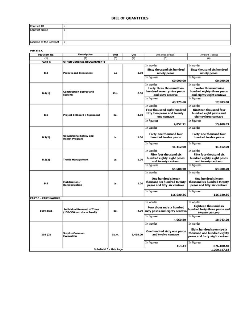 Bill of Quantities Sample Road Concreting | PDF