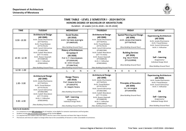 Timetable - L2 SEM I (2026) - B.Arch (Hons) - UoM-2 | PDF | Academia