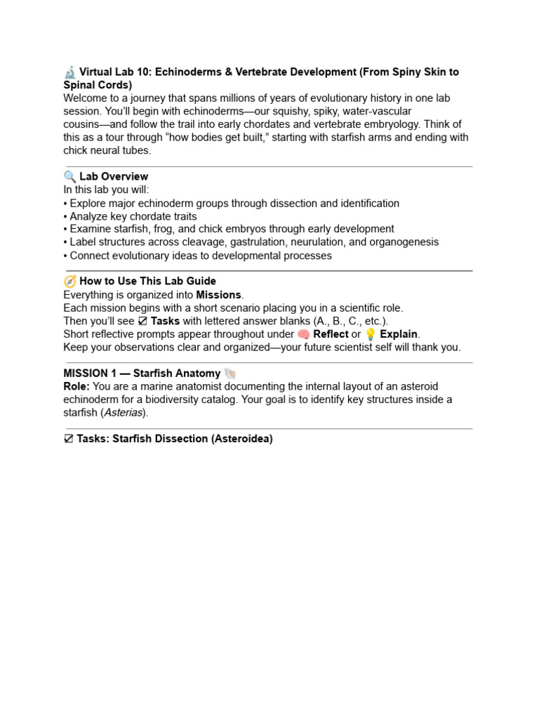 Virtual Lab 10 - Echinoderms and Vertebrate Development | PDF | Zoology ...