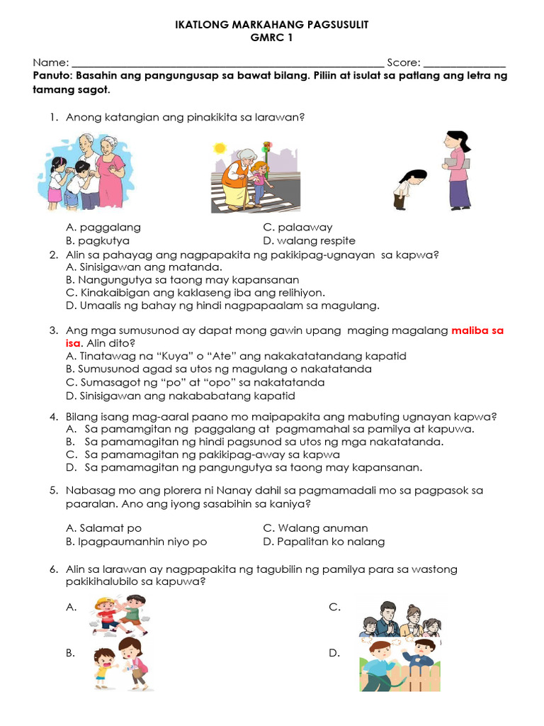 PT q3 Grade 1 Matatag GMRC 1 + Tos | PDF