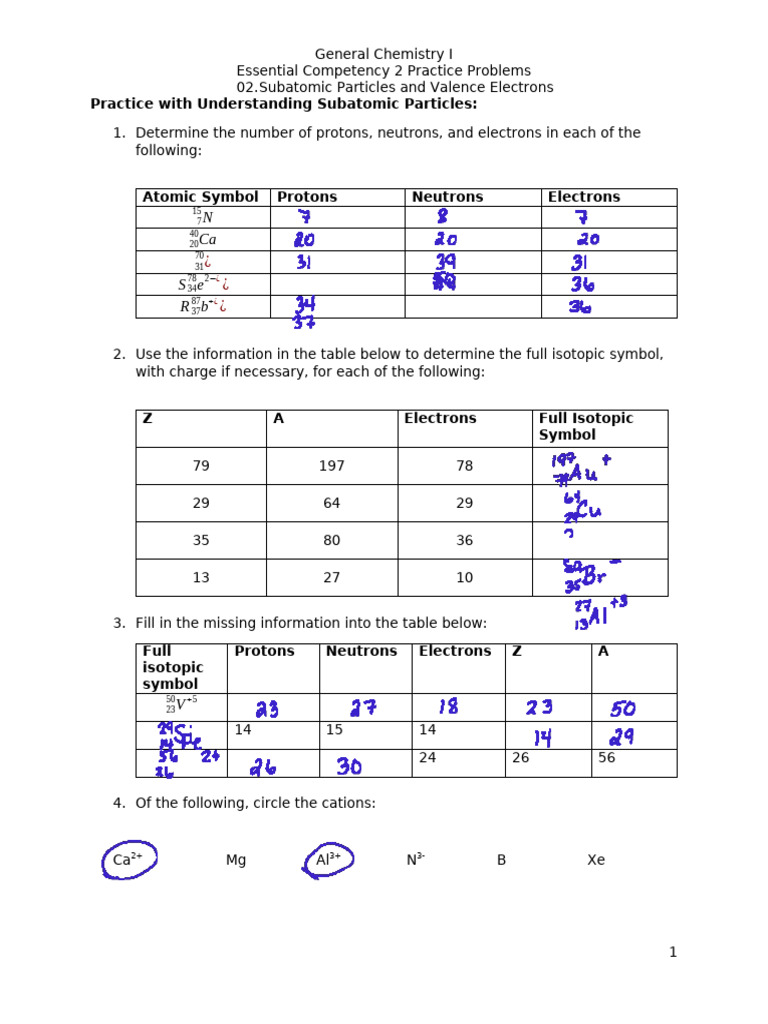 02. Sub Particles and Valence Electrons Practice ANSWERS | PDF ...