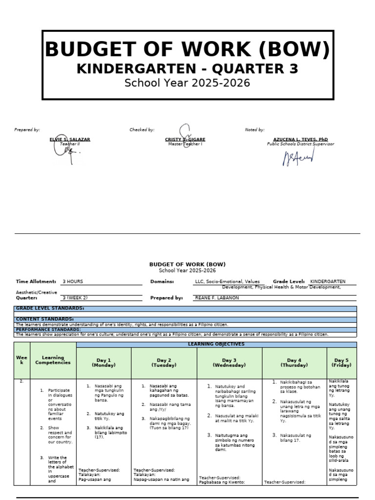 Kindergarten Bow q3 w2 | PDF