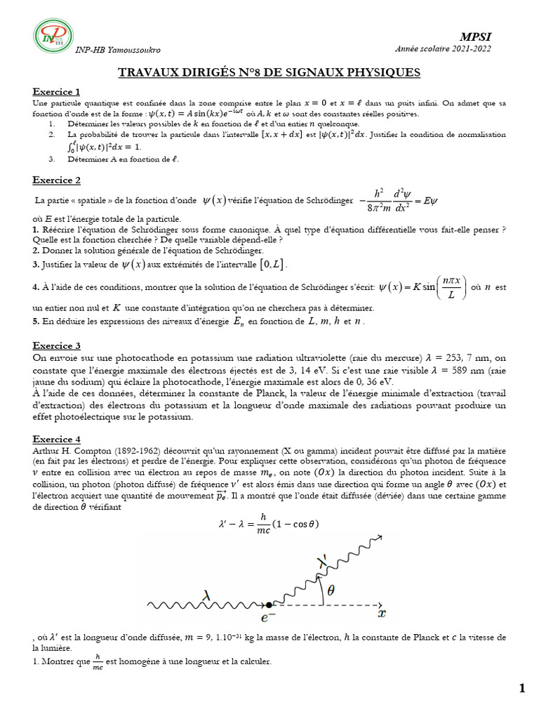 Travaux Diriges n8 de Signaux Physiques | PDF | Photon | Effet ...