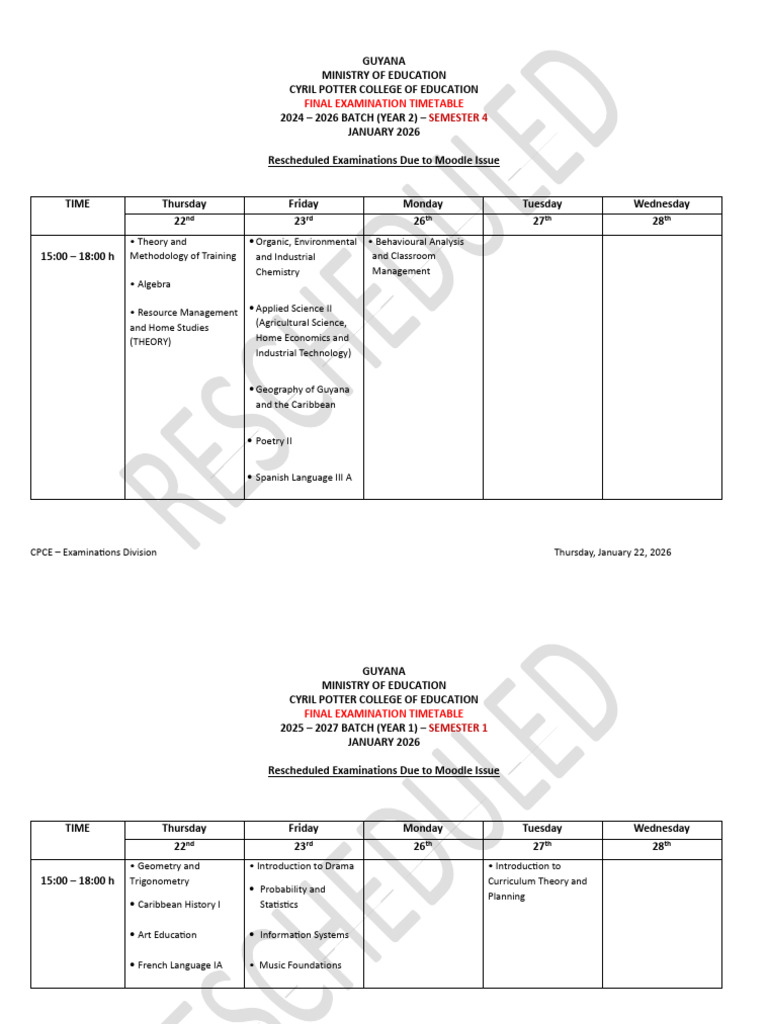 Rescheduled Examinations Due To Moodle Issue (January 2026) - 260122 ...