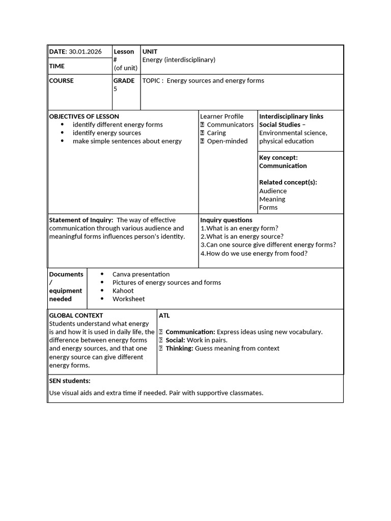 Lesson Plan Energy sources and forms 5th grade | PDF | Communication ...