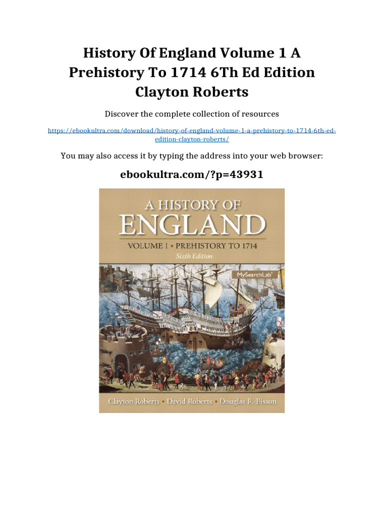 History of England Volume 1 a Prehistory To 1714 6th ed Edition Clayton ...