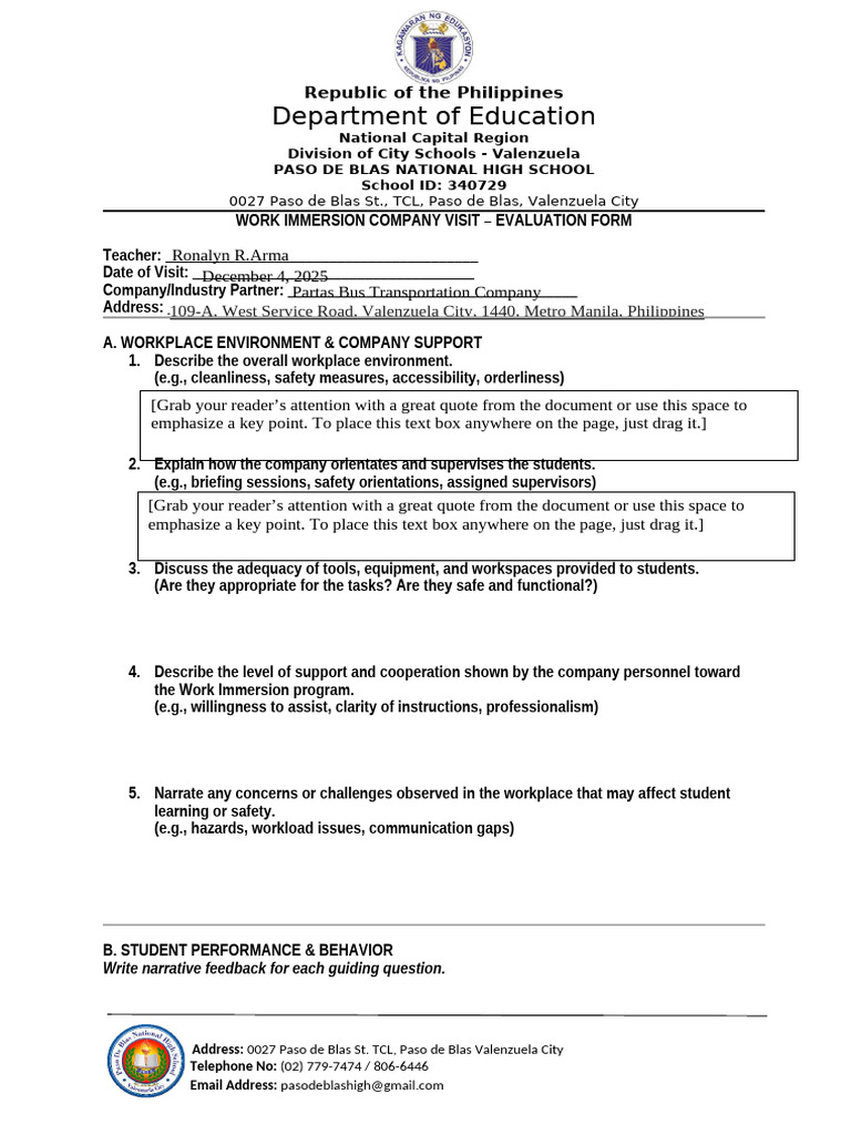 Work Immersion-Advisers Evaluation Form | PDF