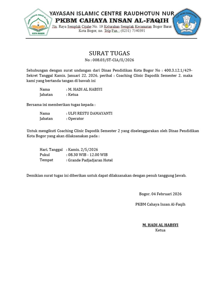 Surat Tugas 03.1 Ulfi-Operator 2026 | PDF