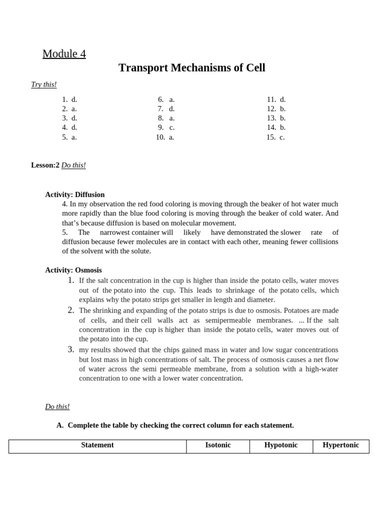 Biology (M4) Transport Mechanisms - ALMASIN | PDF | Osmosis | Cell Biology