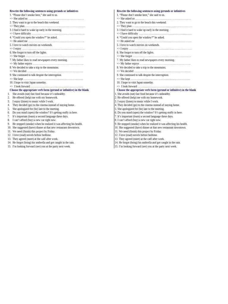 Mini Test - Infinitive and V-Ing | PDF | Chess Openings | Chess
