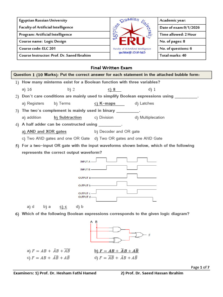 LOgic Design - Final Exam - 2025 - ERU - AA - MA | PDF | Electronic ...
