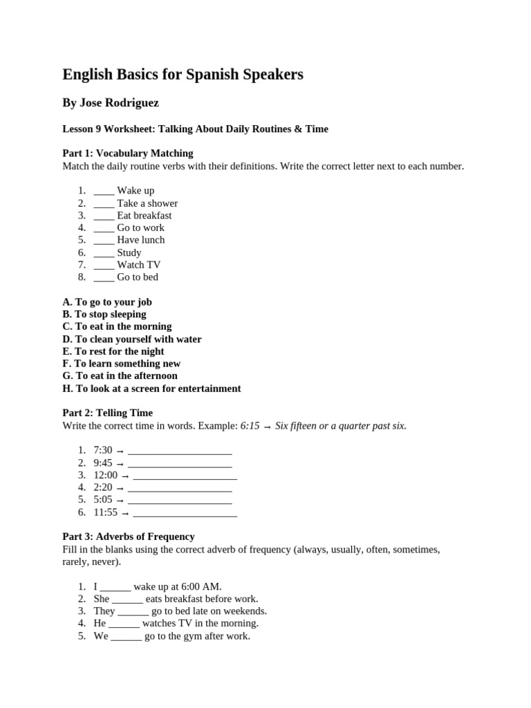 Lesson 9 & Worksheet | PDF | Lunch | English Language