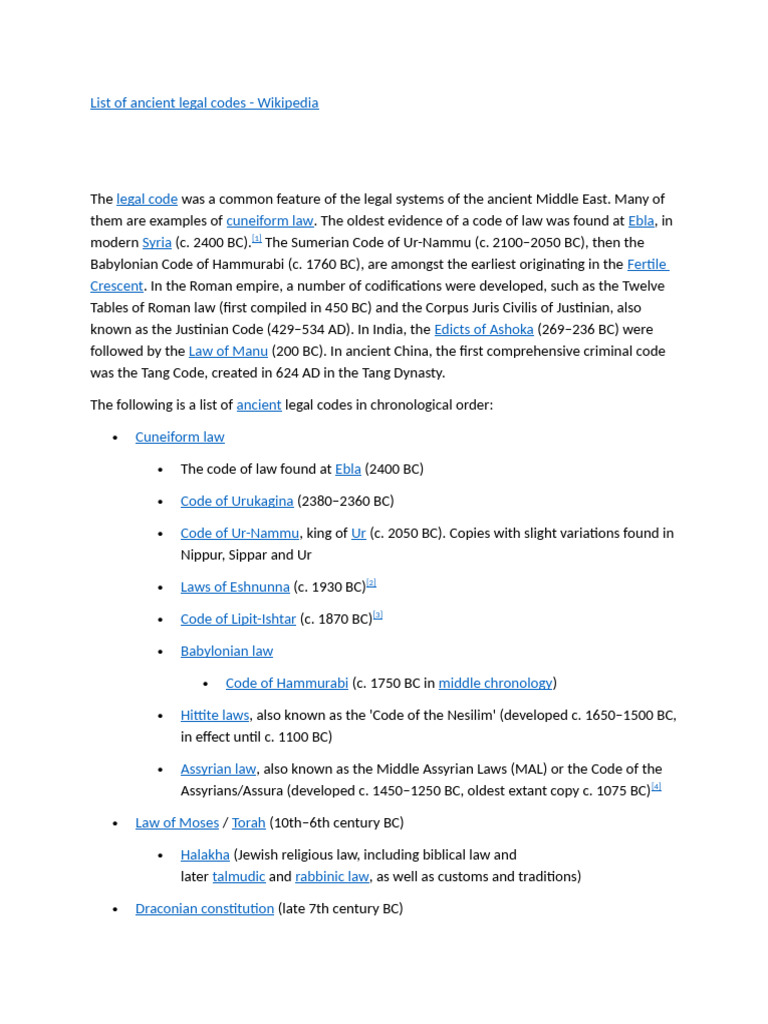 List of Ancient Legal Codes | PDF | Justice | Crime & Violence